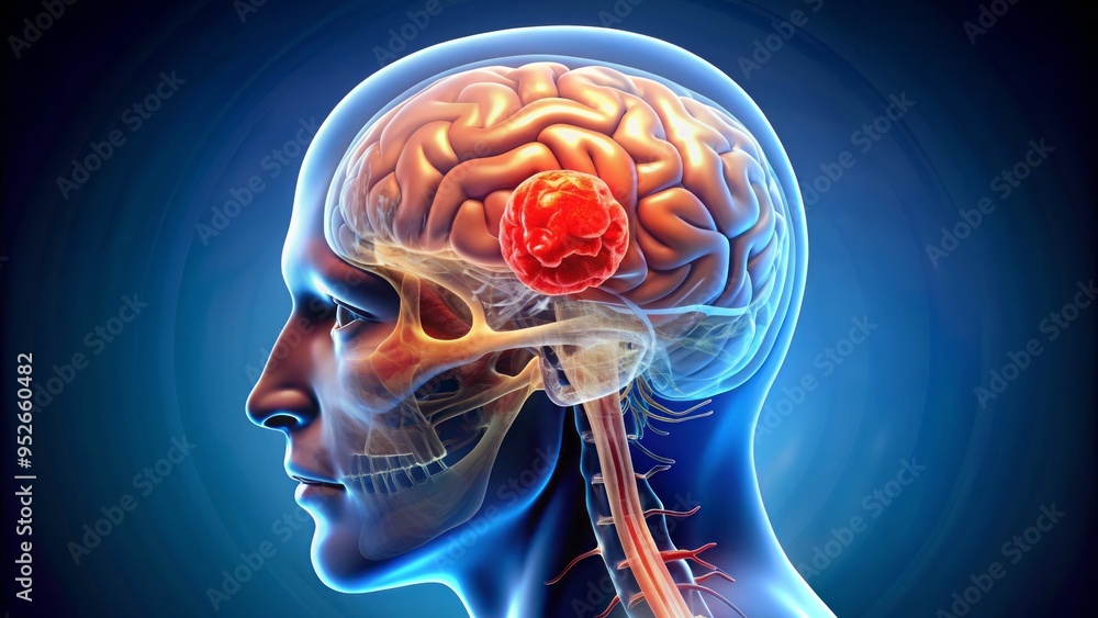 Colorful 3D medical illustration of a human brain with a subdural ...
