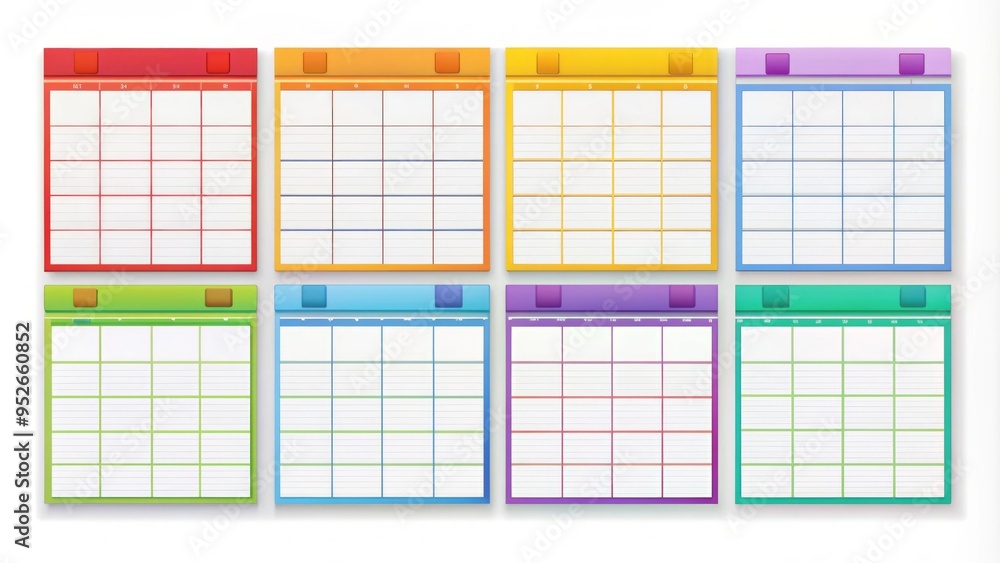 Colorful blank calendar templates with boxes and lines on a white ...