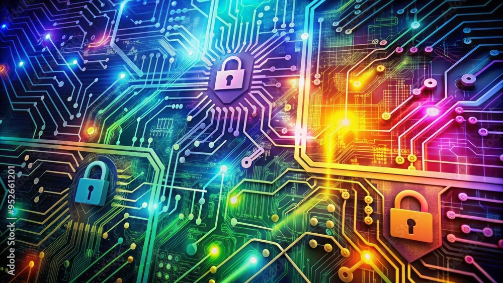 Colorful circuit board patterns and cryptic code symbols swirling ...