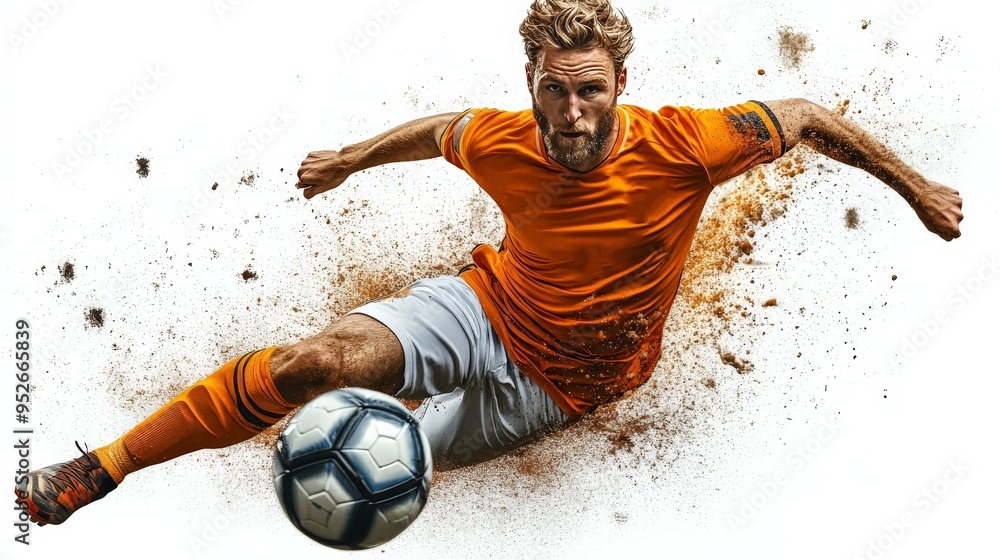 Dynamic Strike: Soccer player in orange uniform executes a powerful ...