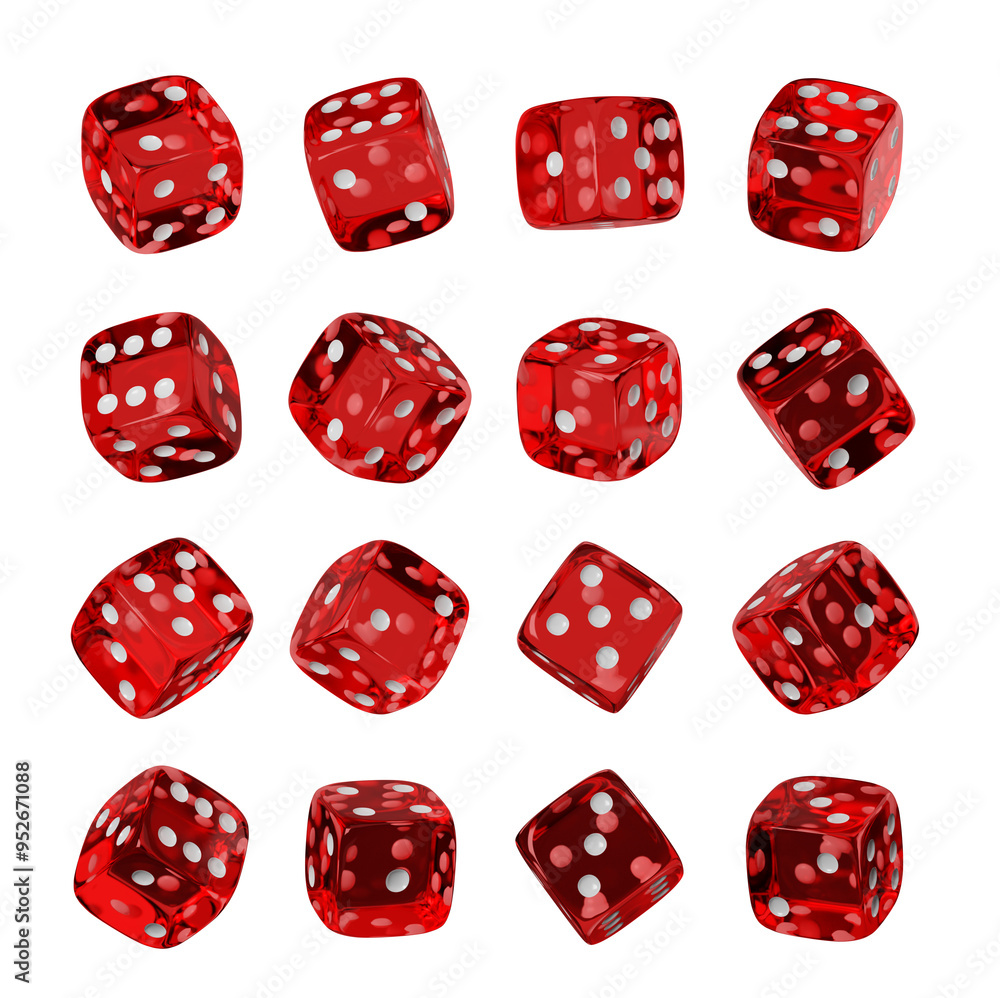 Collage of red dice in various angles and positions on a white ...