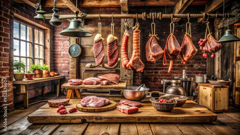 Fresh cuts of meat hang from rustic wooden racks in a traditional butcher shop, surrounded by ...