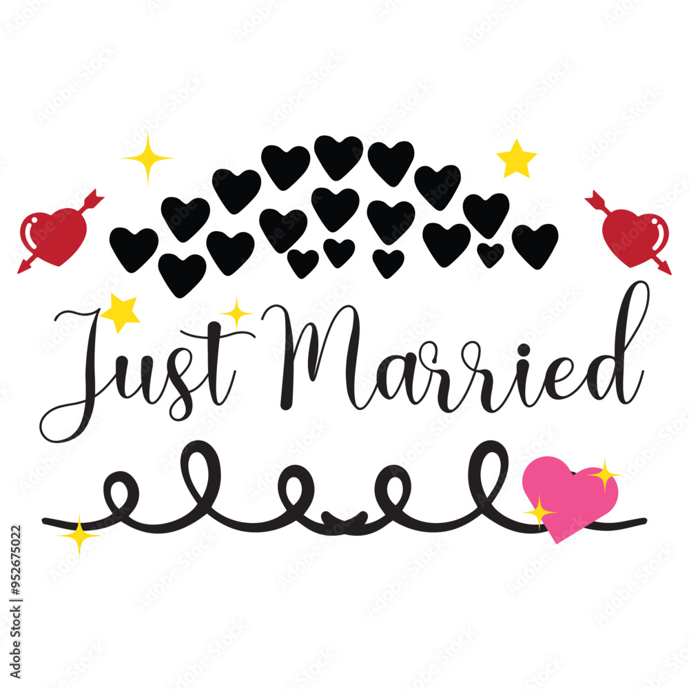 JUST MARRIED hand lettering, vector illustration. Hand drawn lettering ...