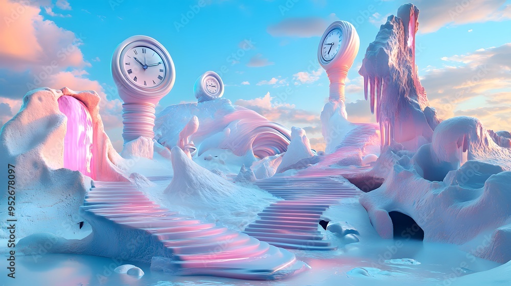 Surreal landscape with impossible architecture floating staircases and ...