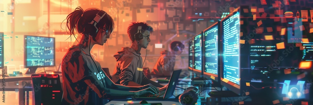 Group team of male and female Programmer coders, working on laptop with floating, glowing ...