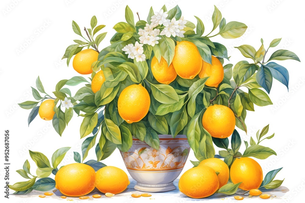 An orange image drawn by watercolor technique on a white background ...