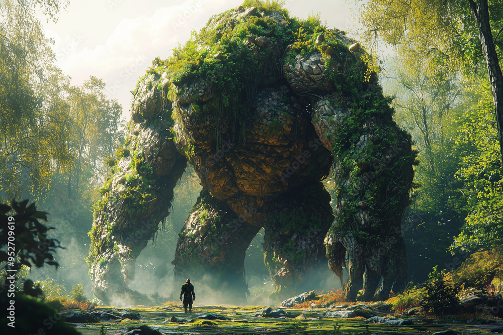 massive earth elemental made of rugged stone and thick vines stands in ...