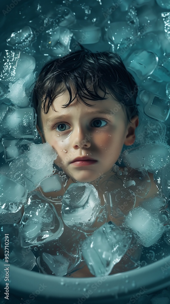 Child undergoing cold therapy, submerged in a bathtub filled with ice ...