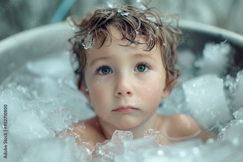 Child undergoing cold therapy, submerged in a bathtub filled with ice ...