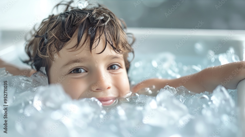 Child undergoing cold therapy, submerged in a bathtub filled with ice ...
