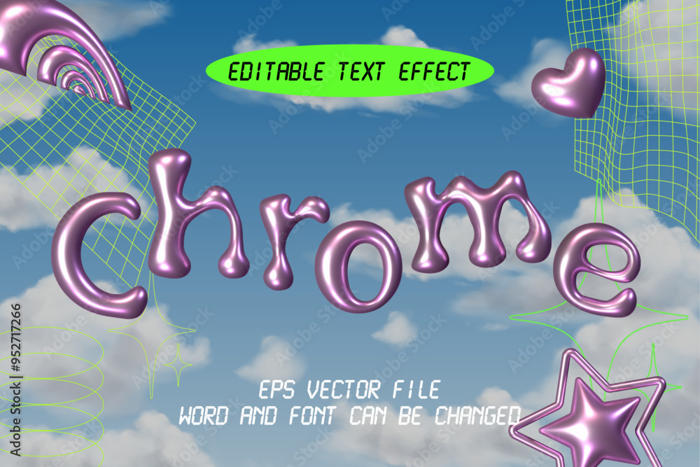 Inflated chrome pink editable vector text effect. Retro y2k text style ...