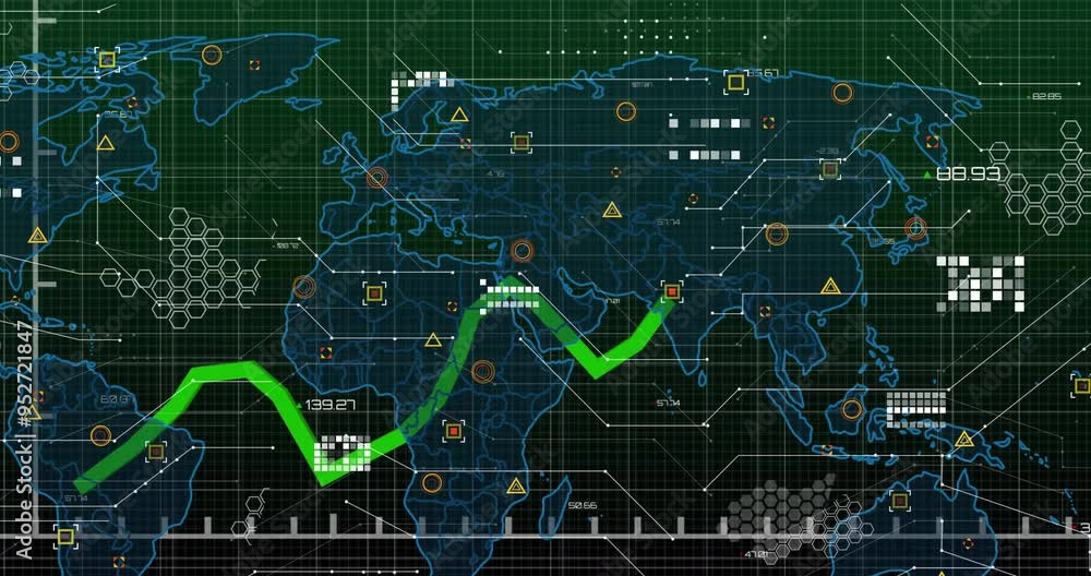 Green line graph animation over world map with data points and grid Stock ビデオ | Adobe Stock