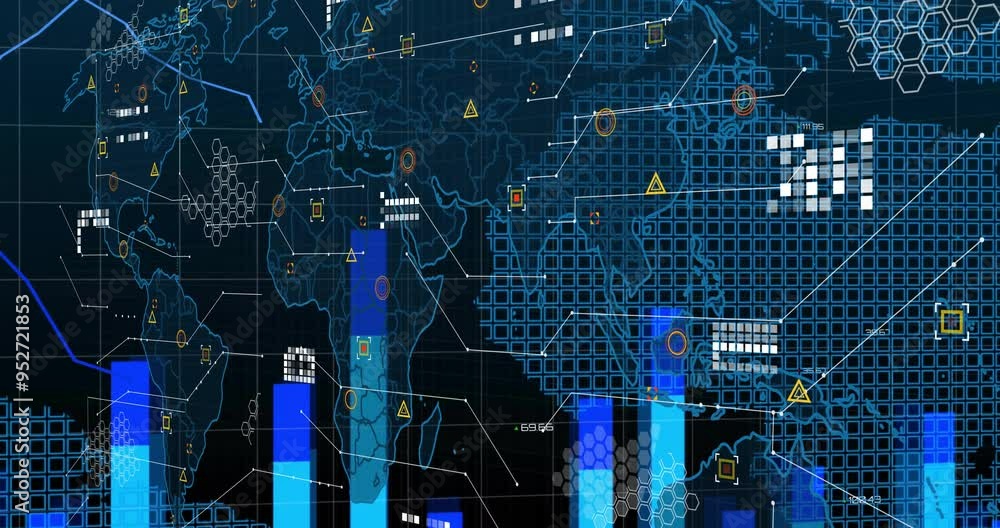 World map with data points and graphs, global data analysis animation Stock 비디오 | Adobe Stock