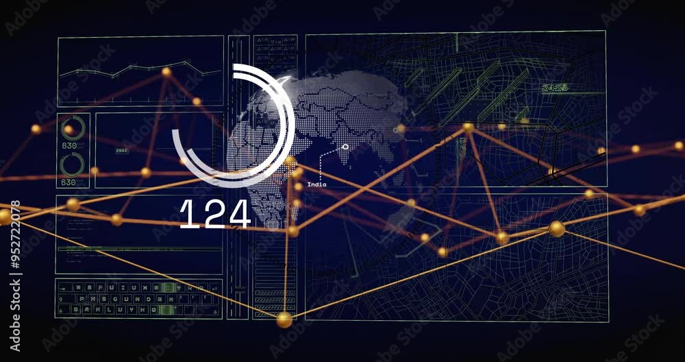 Data visualization animation over world map and graphs with numerical ...