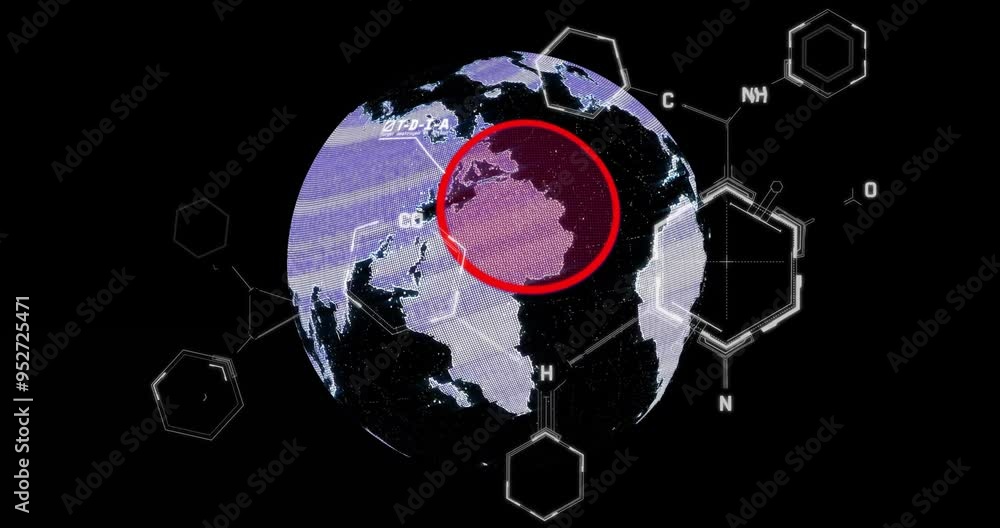 Chemical structure animation over rotating globe with highlighted CO ...