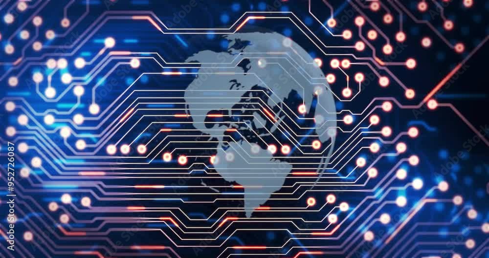 Circuit board animation over world map, representing global digital ...