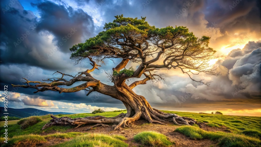 A twisted tree stands defiant, its trunk and branches battered by the ...