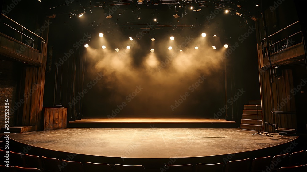 An empty stage with spotlights shining on the floor, creating a warm ...
