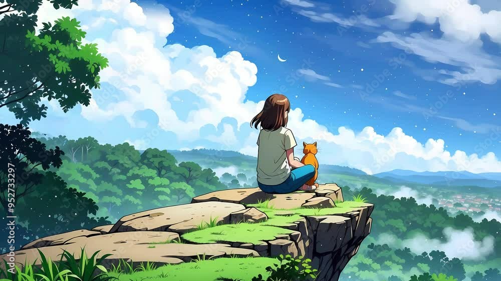 Lofi Loop Animation Girl and Cat Stargazing on a Cliff, Serene Night ...