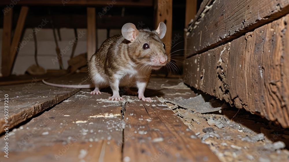 Silent Climber: A Rat Ascends a Wooden Beam in an Attic, Leaving Tiny ...