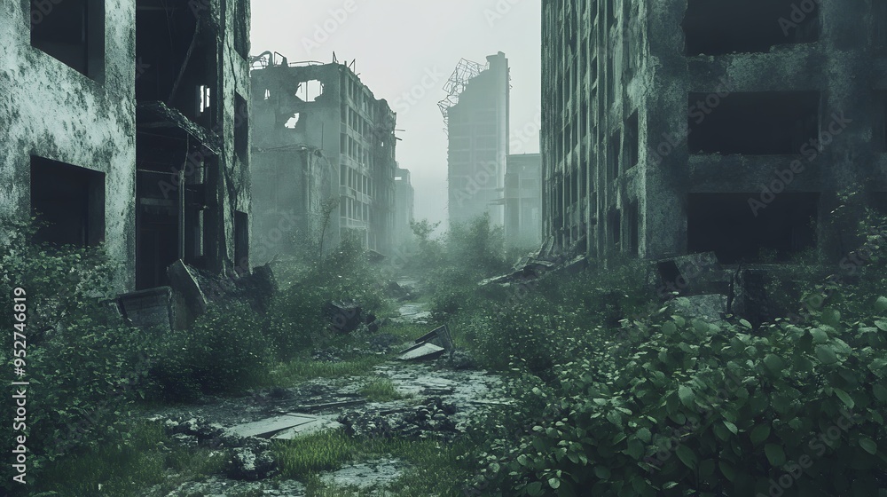 Abandoned cityscape overrun by overgrown vegetation and crumbling ...