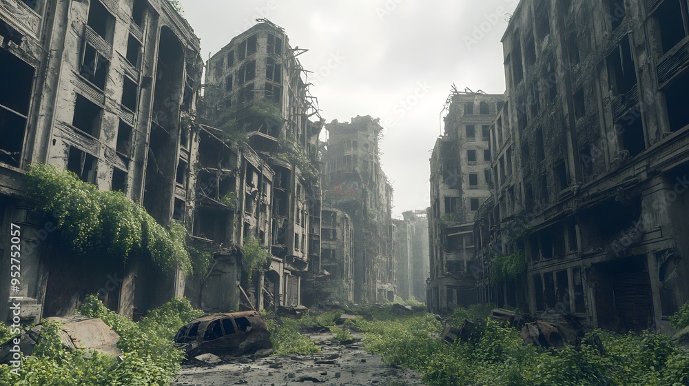 Abandoned post-apocalyptic city with vegetation overtaking ruined ...
