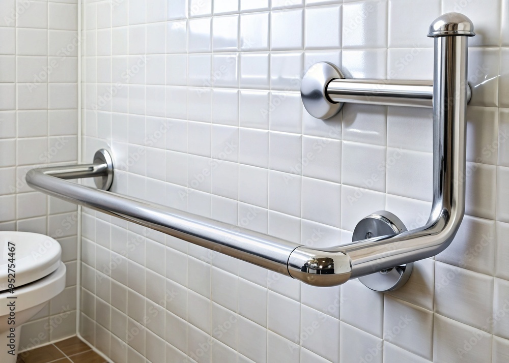 Chrome-plated horizontal grab bar securely mounted on white tiled ...