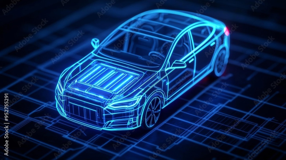 Electric car blueprint with highlighted lithium battery pack, advanced ...