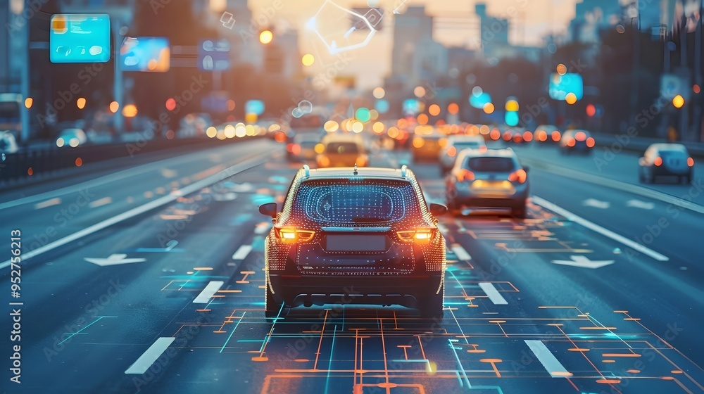 Autonomous Self-Driving Vehicle with HUD and Sensor Radar on Busy City ...