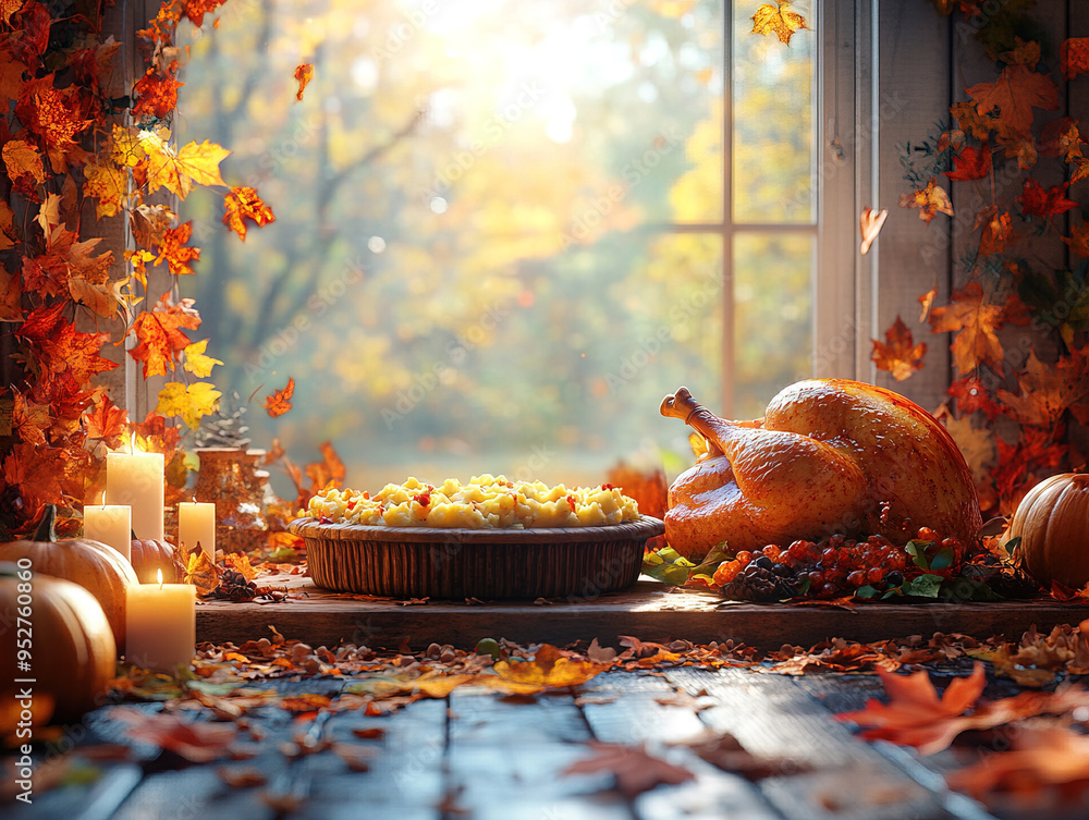 Central empty 3D podium surrounded by a cozy fall setting with a ...
