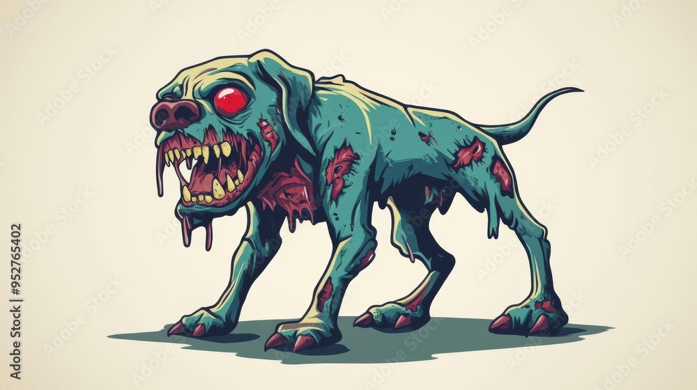 Illustration of a terrifying zombie dog with glowing red eyes, decayed ...