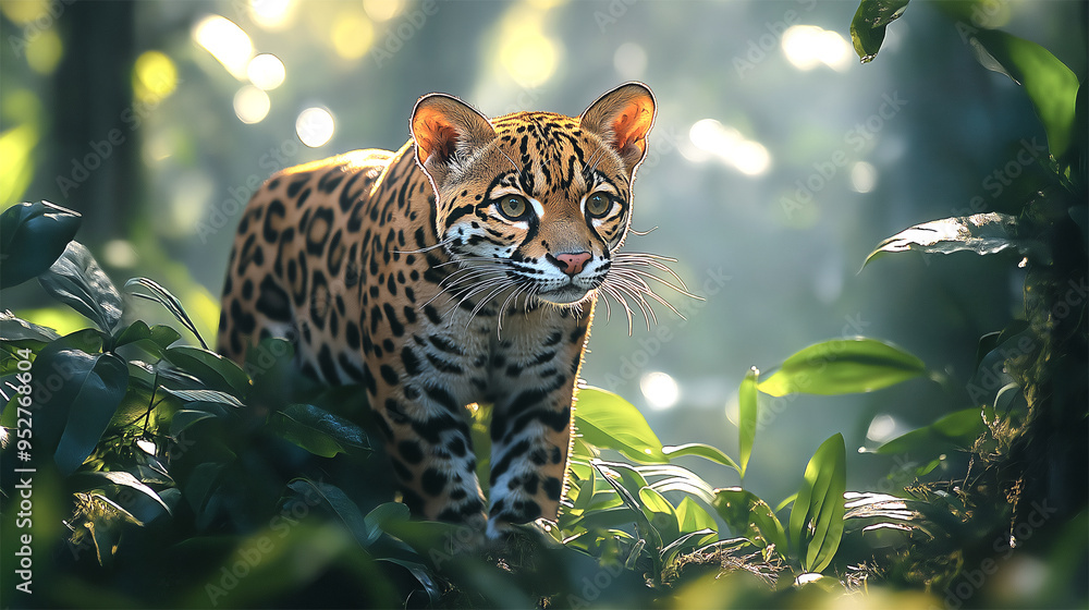 Ocelot stealthily moving through dense foliage of Pantanal, spotted ...