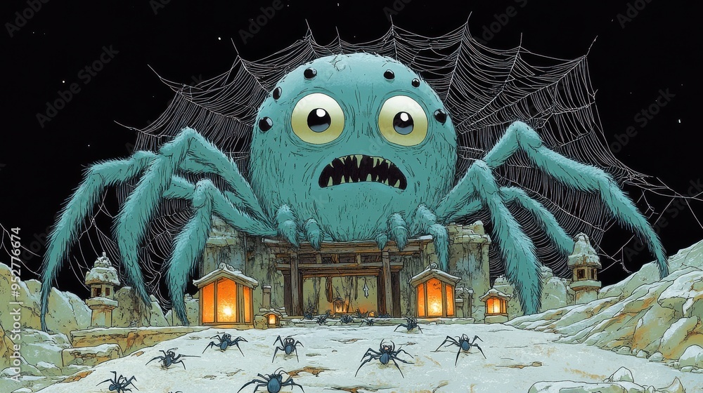 Giant Blue Spider Over Haunted Castle in Eerie Night Setting with Webs ...