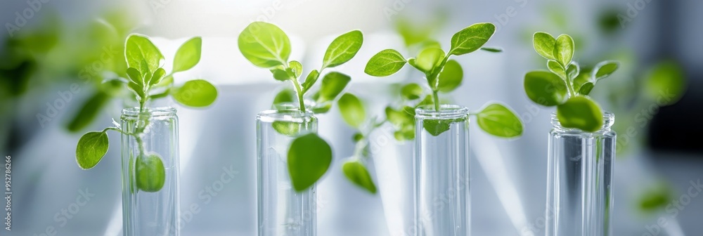 Several green plants are sprouting from clear test tubes in a sterile ...