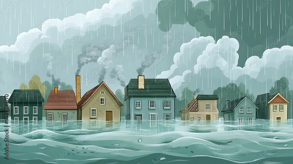 Deluge Disaster in Submerged Village - Vector Cartoon Illustration of ...
