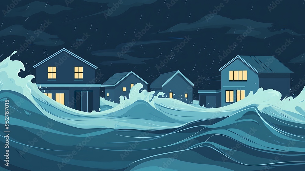 Submerged Modern Houses in Stormy Waters - Vector Cartoon Illustration ...