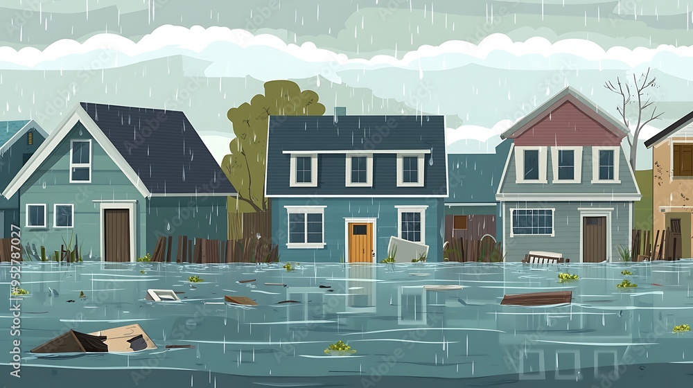 Calamity of Flooding in a Residential Area - Cartoon Illustration of ...