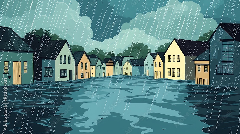 Submerged Neighborhood - Cartoon Illustration of Houses Partially ...