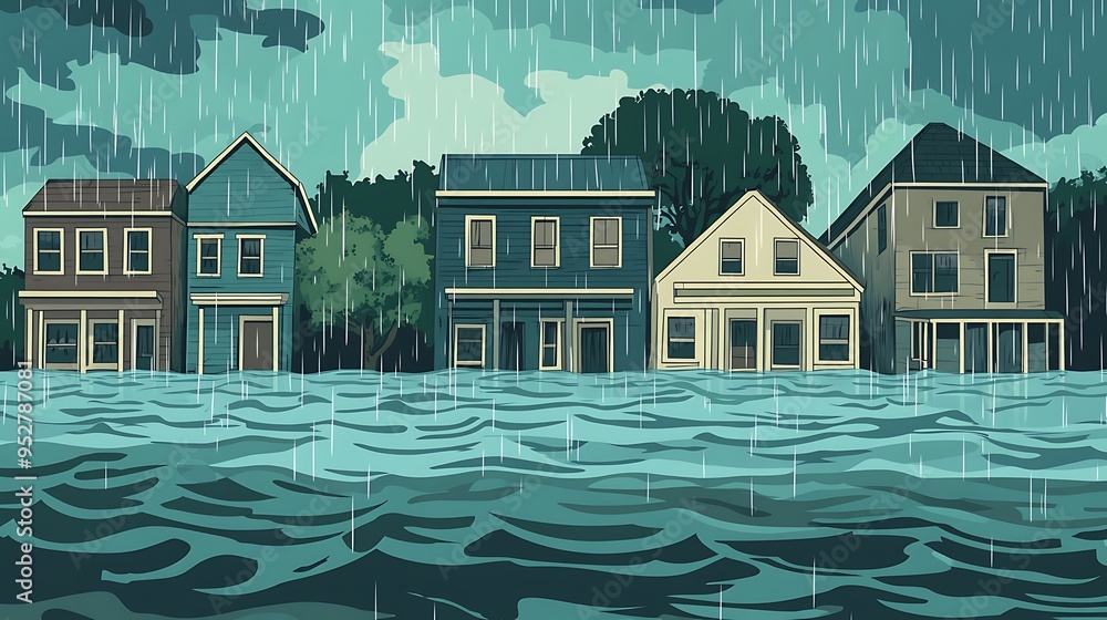 Weathering the Storm: Cartoon Neighborhood Submerged in Floodwater ...