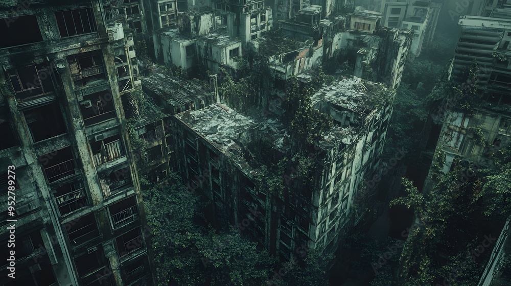 Abandoned city with vegetation overtaking crumbling structures in a post-apocalyptic setting ...