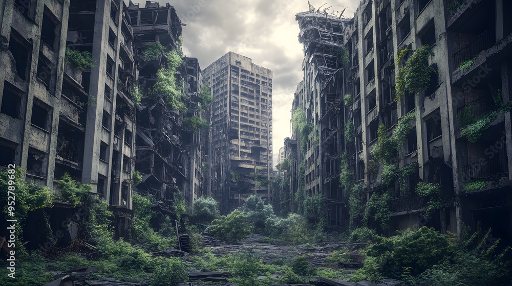 Abandoned city with vegetation overtaking crumbling structures in a ...