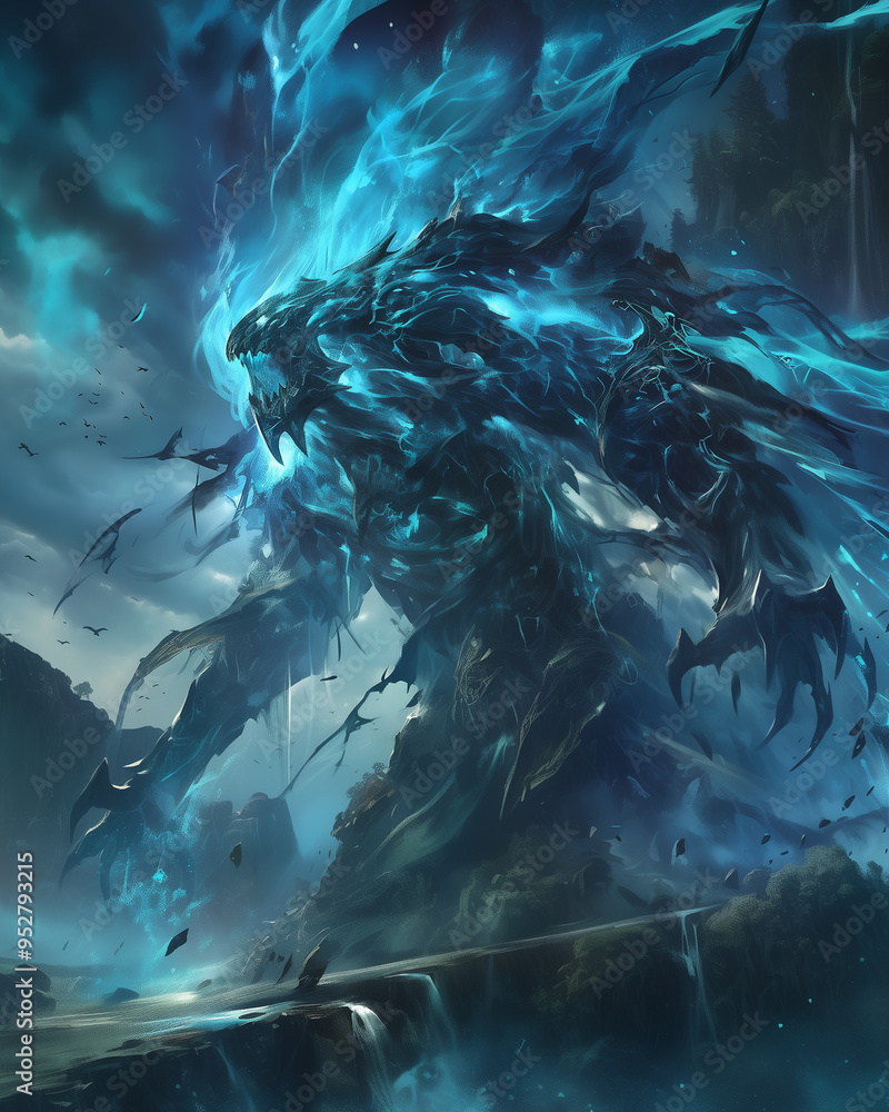 ancient water elemental guardian emerging from a misty forest river ...