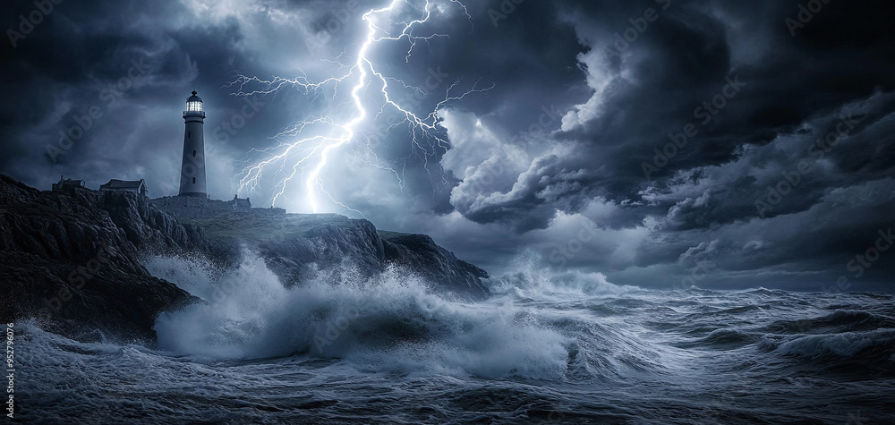 Violent Lightning Storm Turbulent Ocean Dark Sky Rocky Cliffs ...