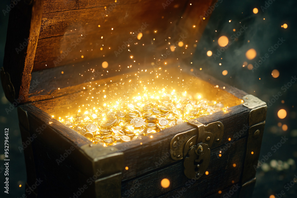 An overflowing treasure chest with bright gold coins and sparkling ...