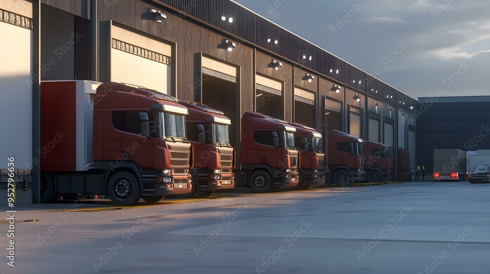 Fleet of delivery trucks parked outside warehouse, ready to transport ...