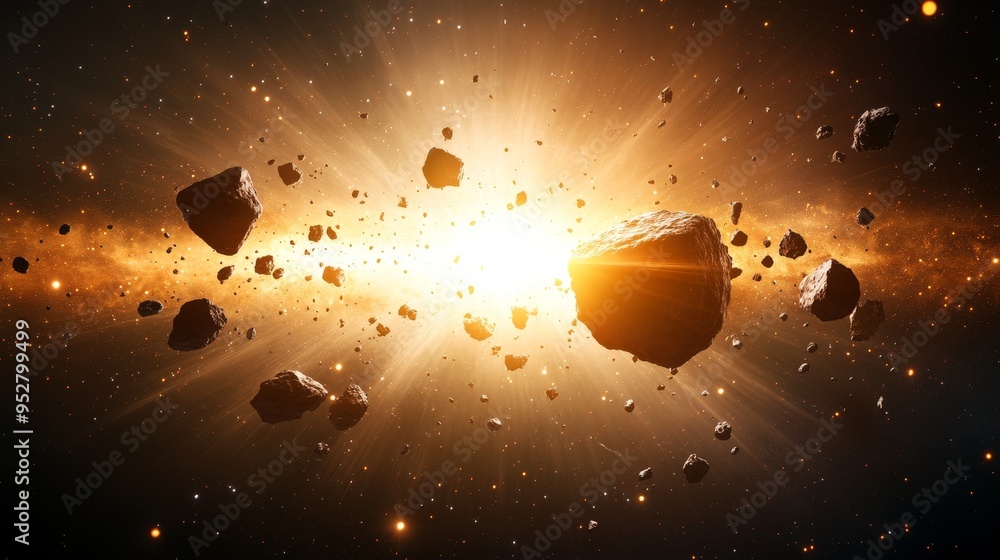 A dramatic depiction of a meteor shower colliding in space, with bright ...