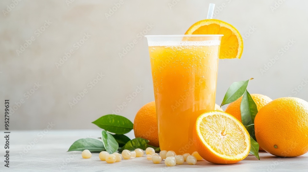 A glass of refreshing citrus bubble tea with orange slices and boba ...