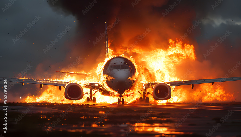 Plane on Fire with Smoke Billowing, Dramatic Aircraft Emergency and ...