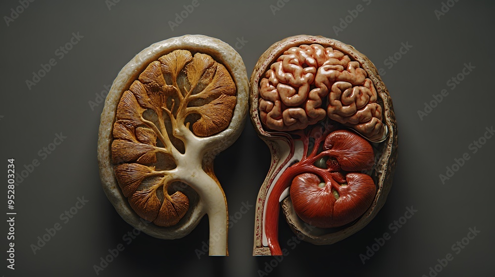 Conceptual comparison of human kidney and brain with artistic cross ...