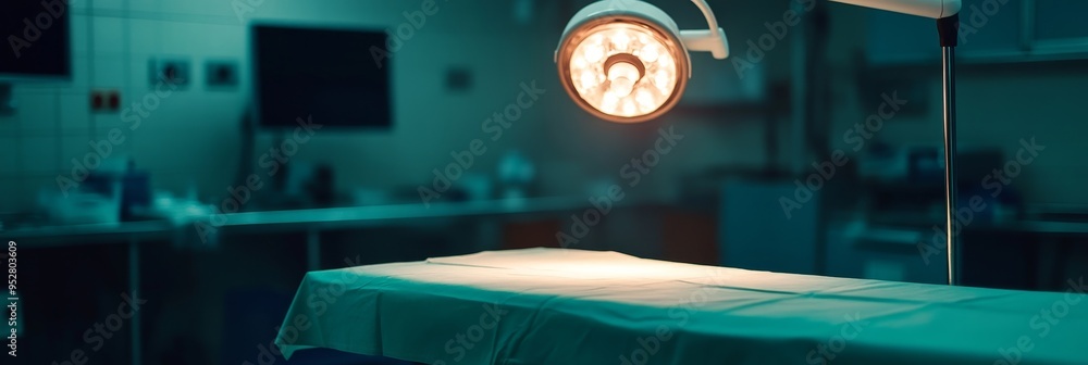 A sterile and empty operating room, illuminated by a single surgical ...